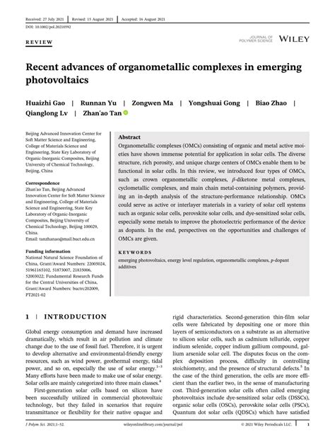 Pdf Recent Advances Of Organometallic Complexes In Emerging Photovoltaics