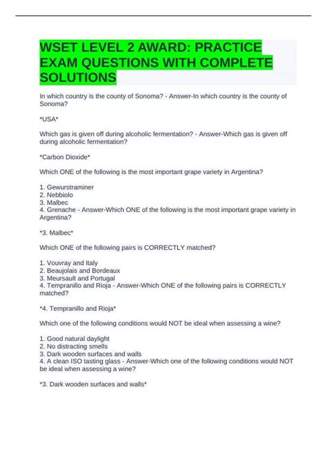 Wset Level 2 Award Practice Exam Questions With Complete Solutions Wset Level 2 Stuvia Us