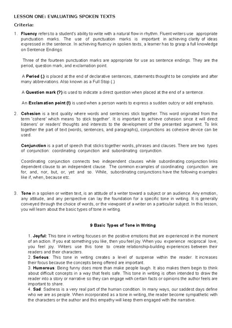 Evaluating Spoken Text Lesson One Evaluating Spoken Texts Criteria Fluency Refers To A