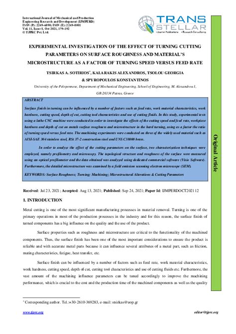 Pdf Experimental Investigation Of The Effect Of Turning Cutting Parameters On Surface