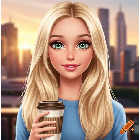 Cartoon Portrait Of A Blonde Barbie Style Girl With Big Green Eyes