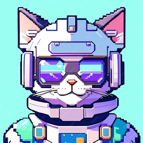 пиксельный кот в роботном костюме роботный шлем очки улыбаются ясные черты лица портрет длиной