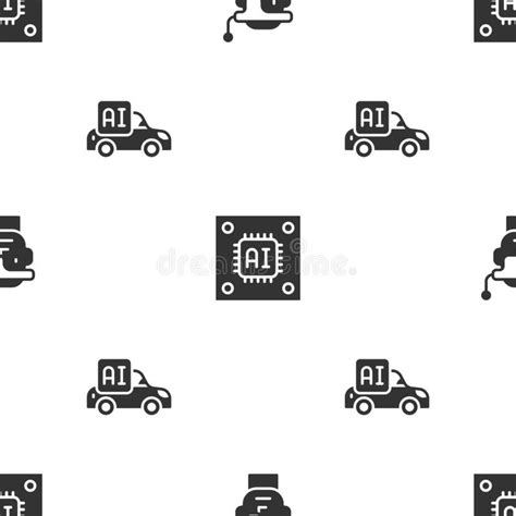 Set Smart Glasses Processor With Microcircuits Cpu And Autonomous Smart Car On Seamless Pattern