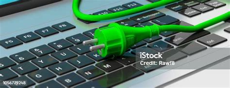 컴퓨터 키보드에 녹색 전원 플러그입니다 3 차원 일러스트 레이 션 분리에 대한 스톡 사진 및 기타 이미지 분리 전기 플러그 0명 Istock
