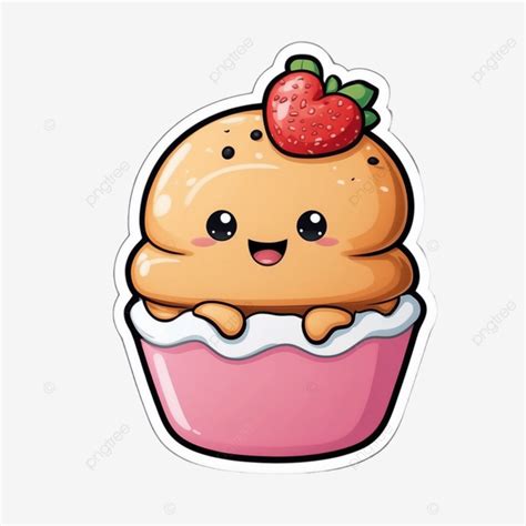 흰색 배경 벡터 일러스트 레이 션에 딸기와 귀여운 만화 먹고 귀여운 만화 컵케이크 흰색 바탕에 딸기와 함께 벡터 일러스트 레이 션 Png 일러스트 및 이미지 에 대한