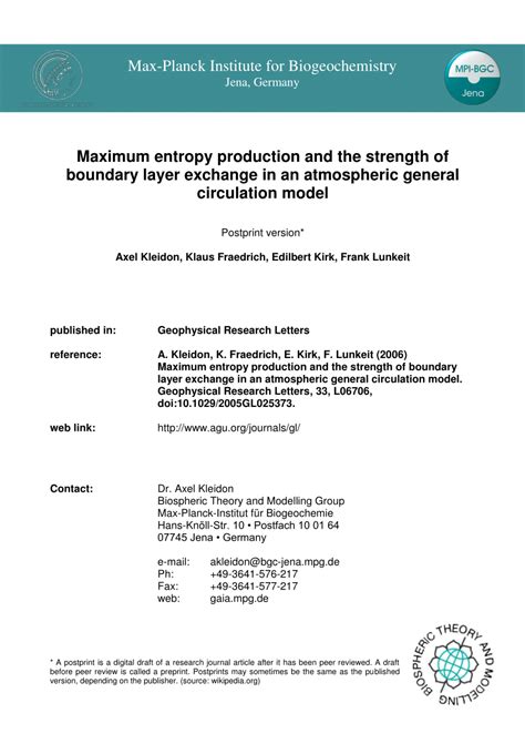 Pdf Maximum Entropy Production And The Strength Of Boundary Layer