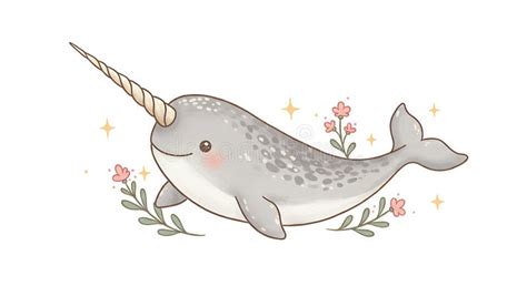 Cute Cartoon Narwhal Illustration Featuring A Smiling Narwhal With A