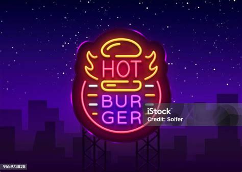뜨거운 햄버거 네온 사인 패스트 푸드 햄버거 샌드위치 네온 스타일 로고 밝은 배너 디자인 서식 파일 밤 네온 레스토랑 카페 레스토랑 스낵 바 길거리 음식에 대 한 광고