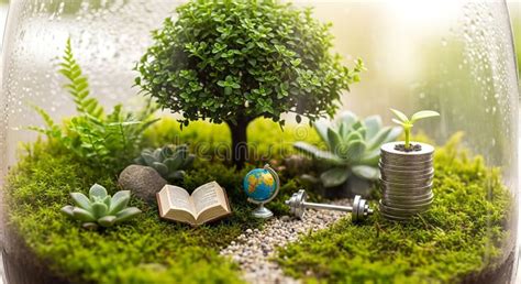 Miniature Ecosystem With Symbols Of Growth And Knowledge Stock