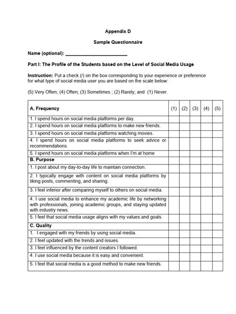 Questionaire Sample Pdf Social Media Popular Culture And Media Studies