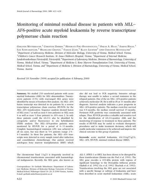 Pdf Monitoring Of Minimal Residual Disease In Patients With Mll Af6