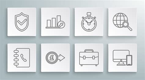 라인 주소록 인포 그래픽 파이 그래프 동전 돈 파운드 스털링 기호 서류 가방 컴퓨터 모니터 및 휴대 전화 스톱워치 돋보기 지구본 및 방패 확인 표시 아이콘을 설정합니다 벡터