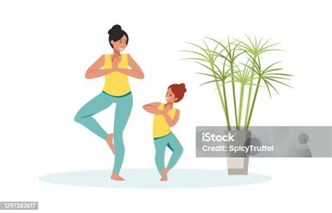가족 장면 어머니와 딸이 요가 엄마와 어린 소녀가 함께 시간을 보내고 아스타나와 명상 부모와 어린 시절 개념 만화 벡터 고립 된