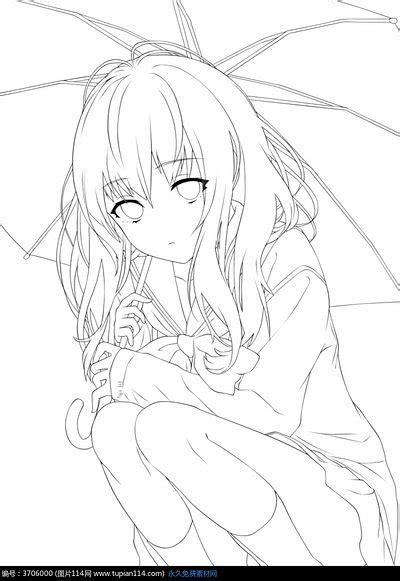 撑伞的女孩卡通手绘线稿卡通人物图片动漫人