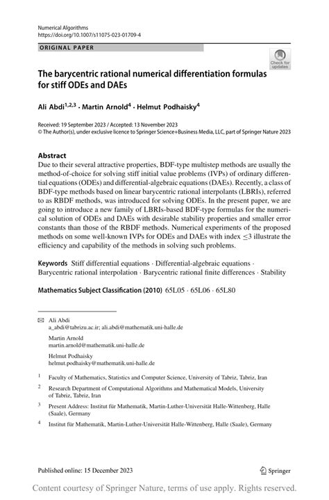 The Barycentric Rational Numerical Differentiation Formulas For Stiff Odes And Daes