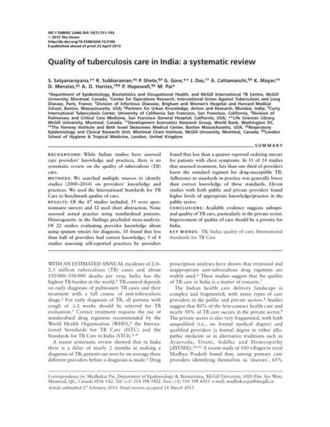Pdf Quality Of Tuberculosis Care In India A Systematic Review