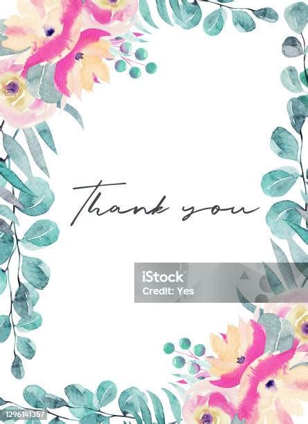 꽃 테두리 수채화 핑크 꽃 야생화 녹색 잎 가지와 유칼립투스 카드 템플릿 흰색 배경에 손으로 그린 고립 된 일러스트 감사합니다 카드 디자인 감사합니다에 대한 스톡 벡터 아트