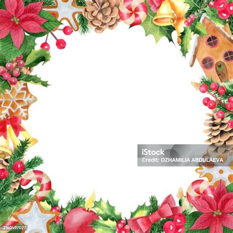 크리스마스 라운드 프레임 수채화 손으로 그린 그림 홀리 진저 브레드 쿠키 소나무 가지 빨간 열매 황금 종 촛불 사탕 지팡이 겨울 방학 인사말 카드 템플릿 0명에 대한 스톡