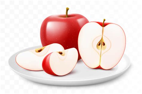잘 익은 육즙이 많은 사과가 투명한 배경에 고립 된 흰색 접시에 담겨 있습니다 통째로 사과 과일과 얇게 썬 것 건강한 비타민 식품 현실적인 3d 벡터 일러스트 레이 션 3