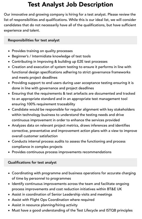 Test Analyst Job Description Velvet Jobs