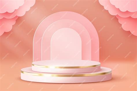 럭셔리 핑크 파스텔 포디움 추상 장면 배경 제품 프리젠테이션 모의 쇼 화장품 블랭크 포디움 스테이지 받침대 또는 플랫폼 3d 벡터 프리미엄 벡터