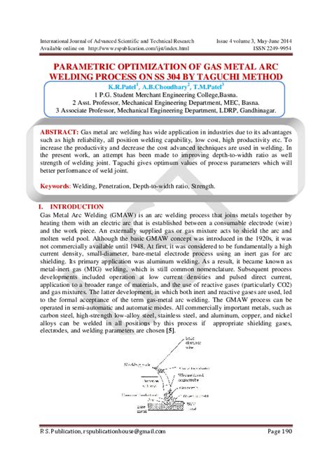 Pdf Parametric Optimization Of Gas Metal Arc Welding Process On Ss 304 By Taguchi Method