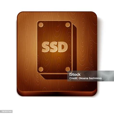 흰색 배경에 격리 된 갈색 Ssd 카드 아이콘입니다 솔리드 스테이트 드라이브 기호입니다 스토리지 디스크 기호입니다 나무 사각형 버튼입니다 벡터 일러스트레이션 0명에 대한