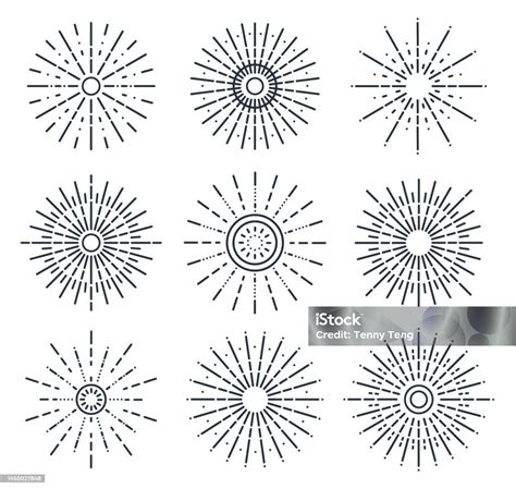 떠오르는 태양 햇살 빛 요소 일출 추상 손으로 그린 프레임 낙서 햇빛 평면 벡터 기호 그림 흰색 배경에 설정 그리기에 대한 스톡