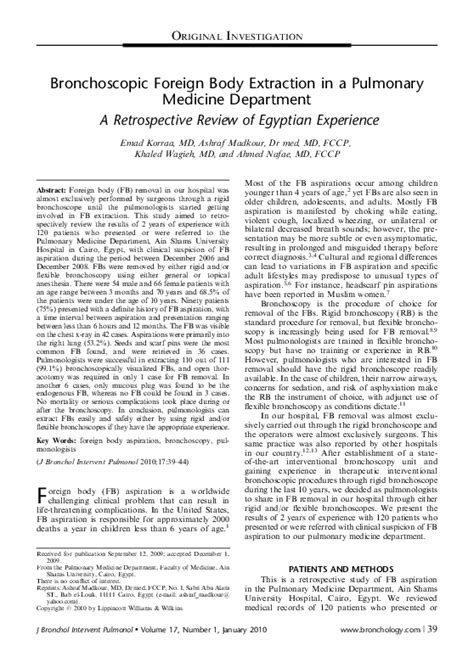 Pdf Bronchoscopic Foreign Body Extraction In A Pulmonary Medicine