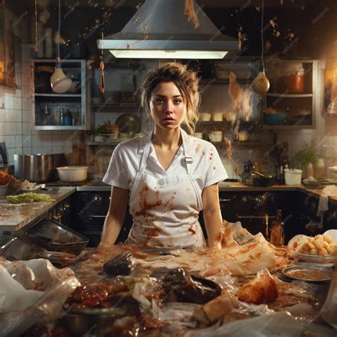 Premium Photo A Woman Chef In A Messy Kitchen