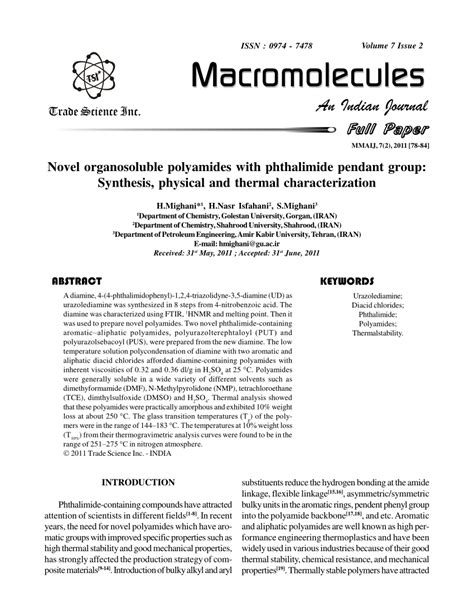 Pdf Novel Organosoluble Polyamides With Phthalimide Pendant Group Synthesis Physical And