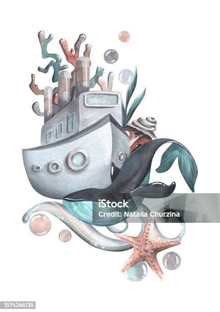 파이프 고래 산호 파도 조류 거품 불가사리가 있는 증기선 수채화 그림 손으로 그린 흰색 바탕에 해양 격리 된 구성입니다 관광에