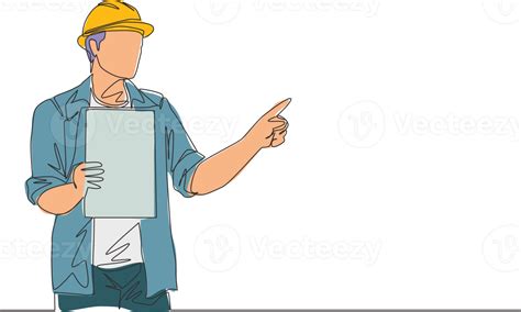 One Single Line Drawing Of Young Construction Foreman Giving Instruction To Team Builder Member
