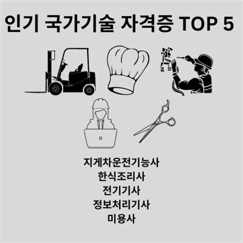 인기 국가기술자격증 Top 5 지게차운전기능사 한식조리사 전기기사 정보처리기사 미용사
