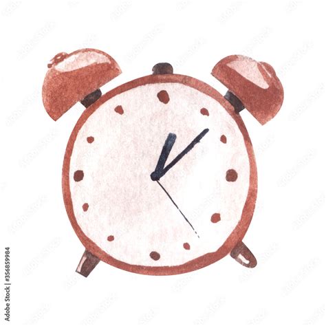 Watercolor Sketch Of Brown Round Alarm Clock Showing Seven Minutes Past