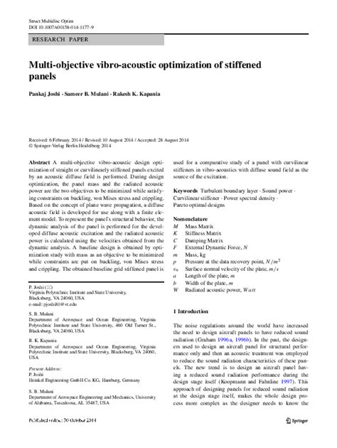 Pdf Multi Objective Vibro Acoustic Optimization Of Stiffened Panels