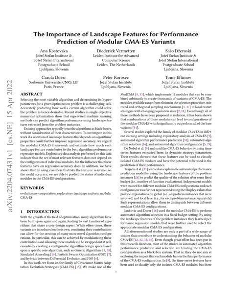 pdf the importance of landscape features for performance prediction of modular cma es variants