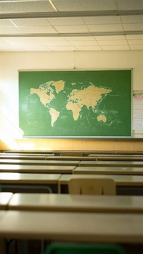 A Serene Classroom Scene With A Glowing World Map Stock Illustration