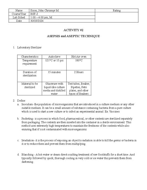 Act 2 Asepsis And Aseptic Technique Name Sison John Chrismyr M Rating Course Year BSF Lab