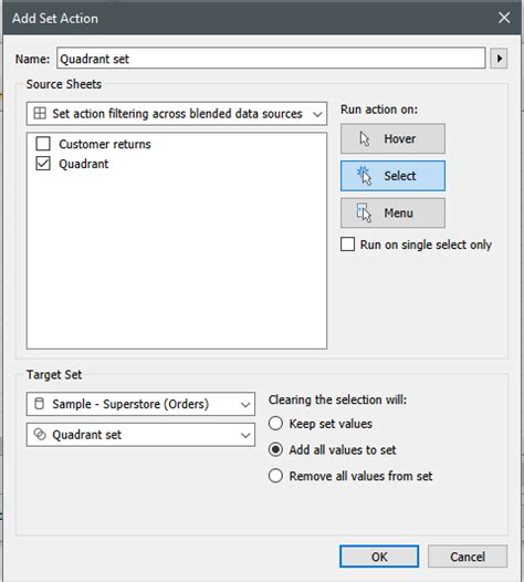 Filter Between Blended Data Sources In Tableau Using Set Actions Datum