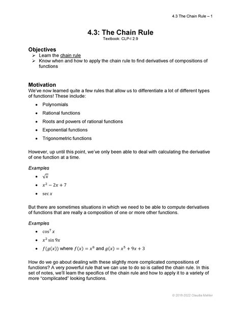 4 3 The Chain Rule Notes 4 The Chain Rule Textbook Clp I 2 Objectives Learn The Chain