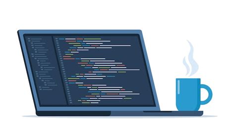 Premium Vector Laptop With Cup Of Coffee Workplace Of Coder Online Programmer Coding And