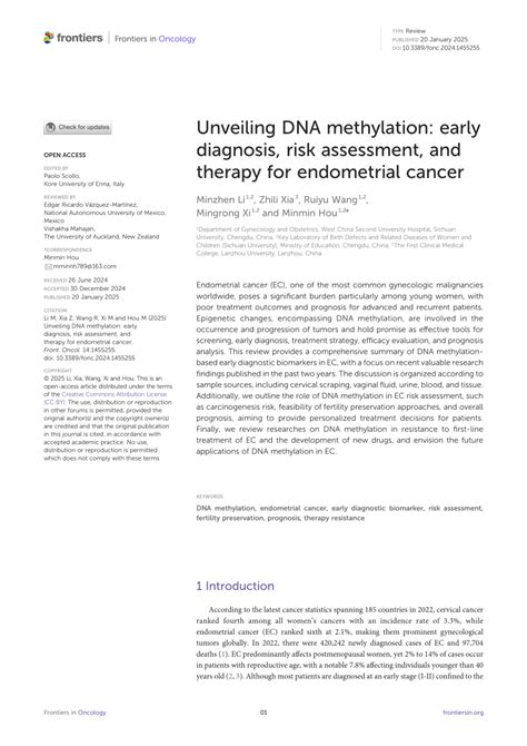 PDF Unveiling DNA Methylation Early Diagnosis Risk Assessment And Therapy For Endometrial