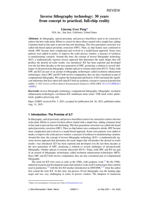 Inverse Lithography Technology 30 Years From Concept To Practical Full Chip Reality Pdf
