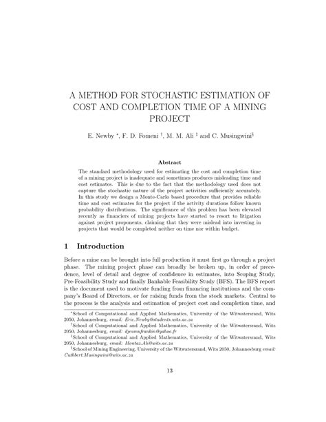 Pdf A Method For Stochastic Estimation Of Cost And Completion Time Of A Mining Project