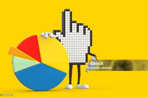 픽셀 핸드 커서 마스코트 사람 캐릭터 정보 그래픽 비즈니스 파이 차트 3d 렌더링 에 대한 스톡 사진 및 기타 이미지