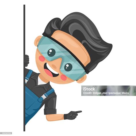 벽 뒤에서 엿보는 유지 보수 기술자 아이디어를 표현하고 집게 손가락으로 표시하십시오 Handyman은 산업 및 가정 환경의 유지