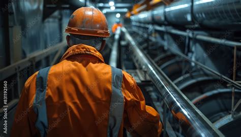 Worker Wearing Orange Uniform And Safety Helmet Walking In The Tunnel