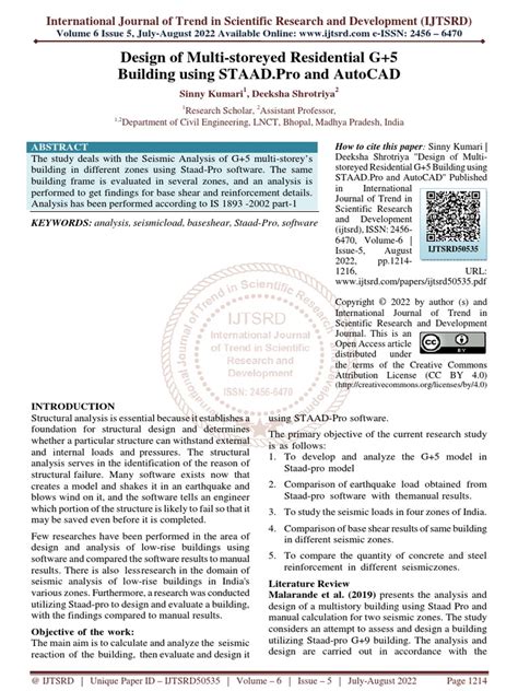 Design Of Multi Storeyed Residential G 5 Building Using Staad Pro And