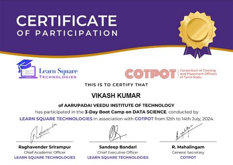 completed data science bootcamp by learn square vikash kumar posted